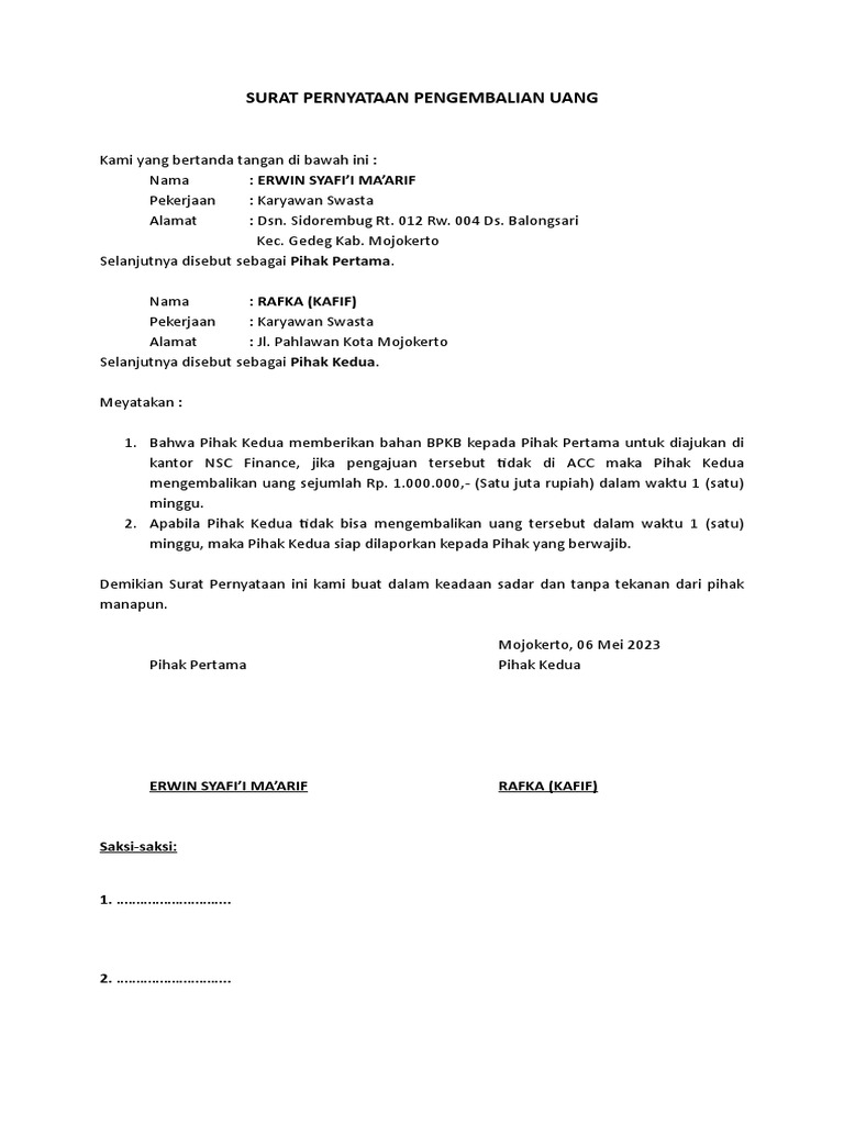 Surat Pernyataan Pengembalian Uang | PDF
