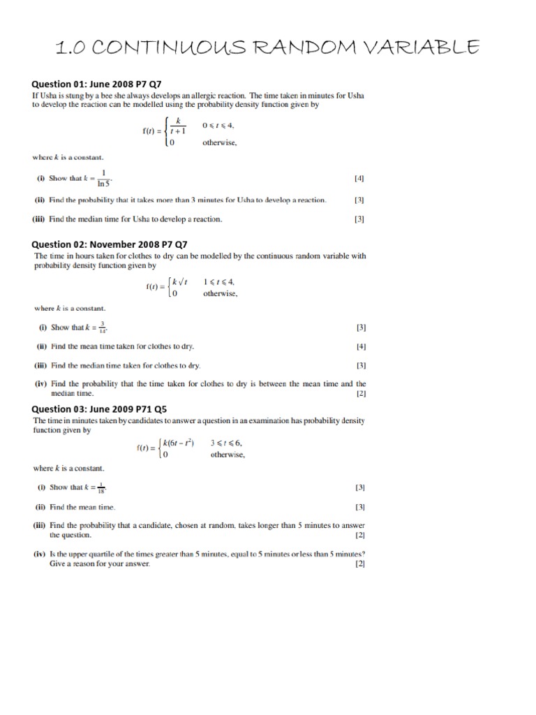 Continuous Random Variable Questions | PDF | Sports & Recreation ...