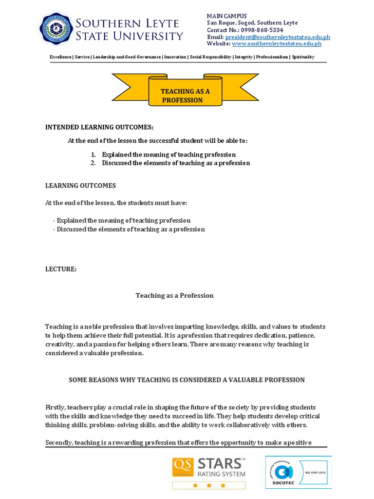 Understanding Teaching as a Profession | PDF | Self-Improvement