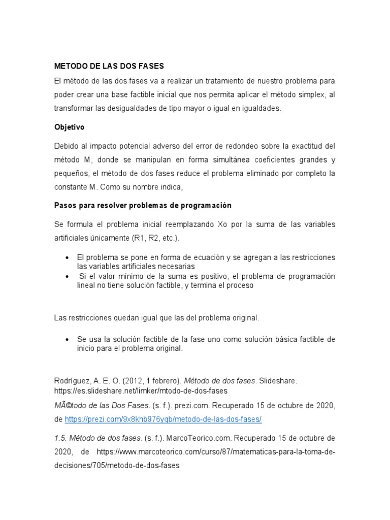 Método de Dos Fases en Programación Lineal | PDF | Métodos y materiales ...