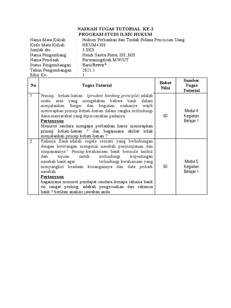 NASKAH TUGAS TUTORIAL KE 2 Hukum Perbankan Dan TPPU | PDF