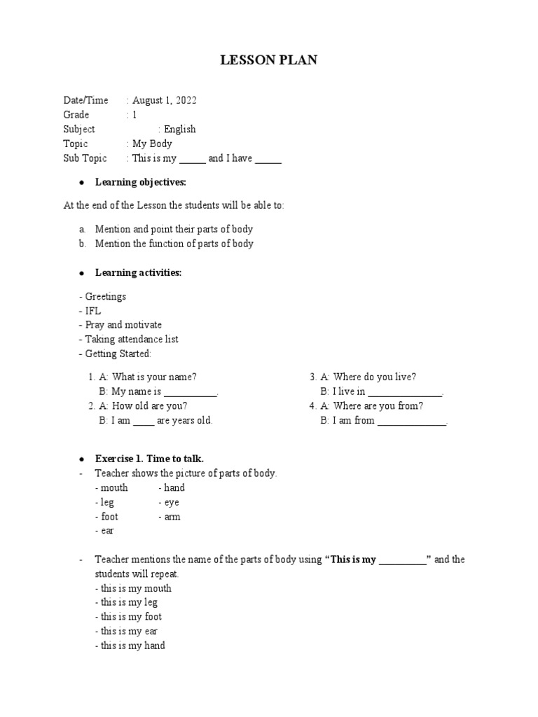 Lesson Plan Grade 1 Unit 1 - My Body | PDF | Lesson Plan | Cognitive ...