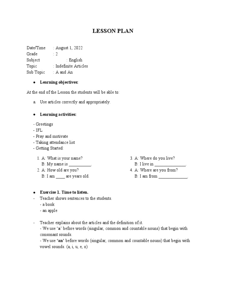 Lesson Plan Grade 2 - Articles - A and An 1 August 2022 | PDF | Word ...