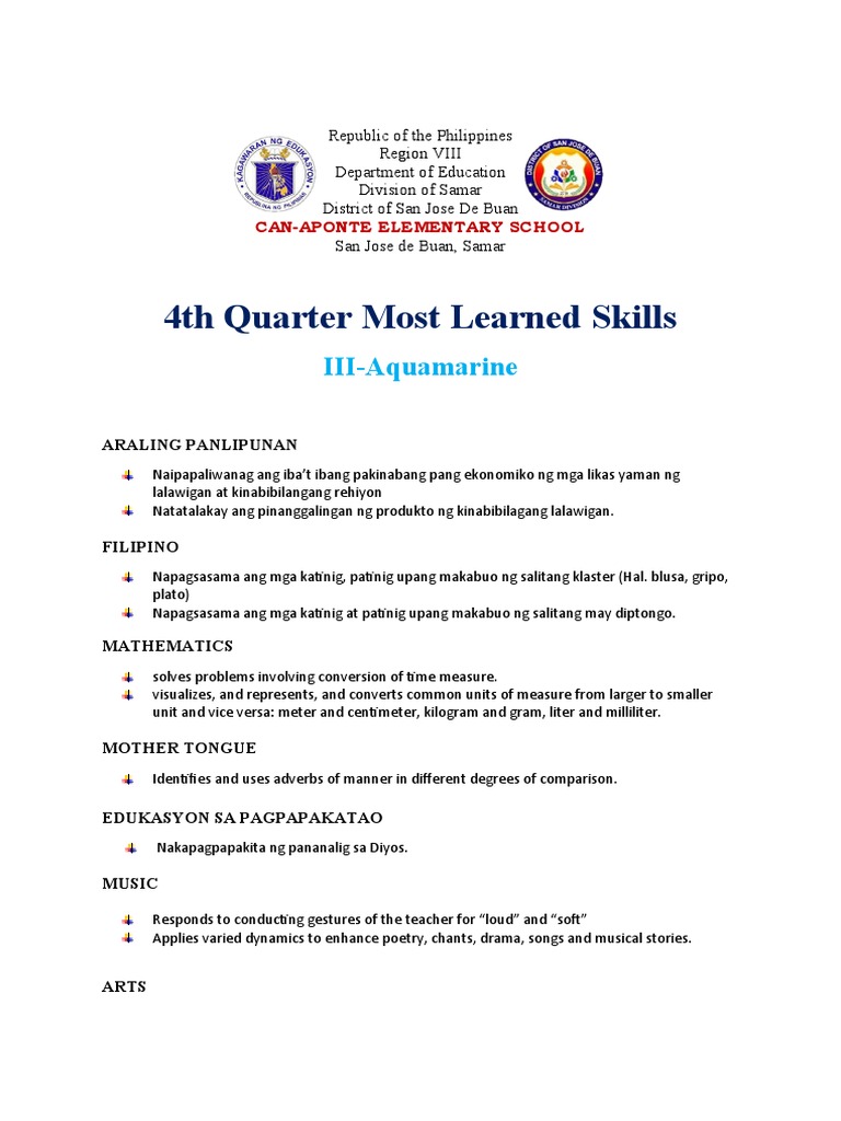 4TH Quarter grade 3 &4 Most Learned Skills | PDF