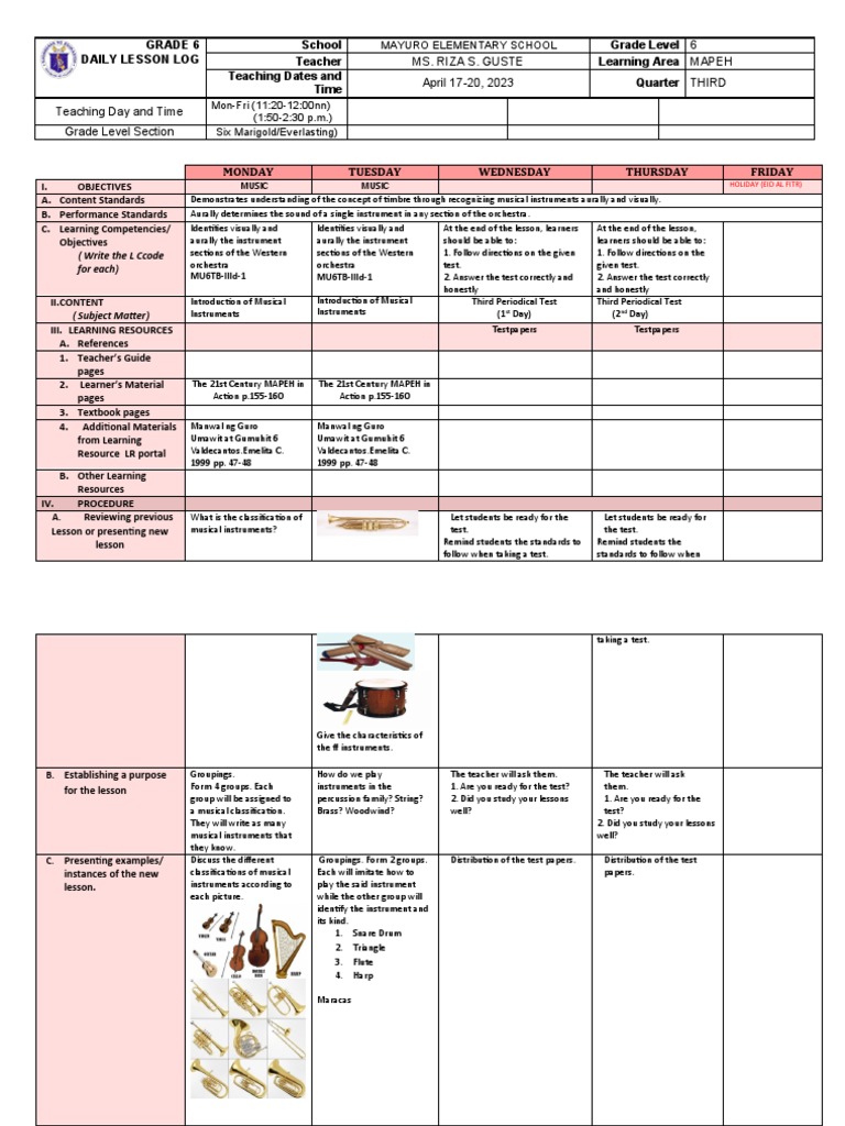 DLL - Mapeh 6 - Q3 - W10edit | PDF | Musical Instruments | Double Bass