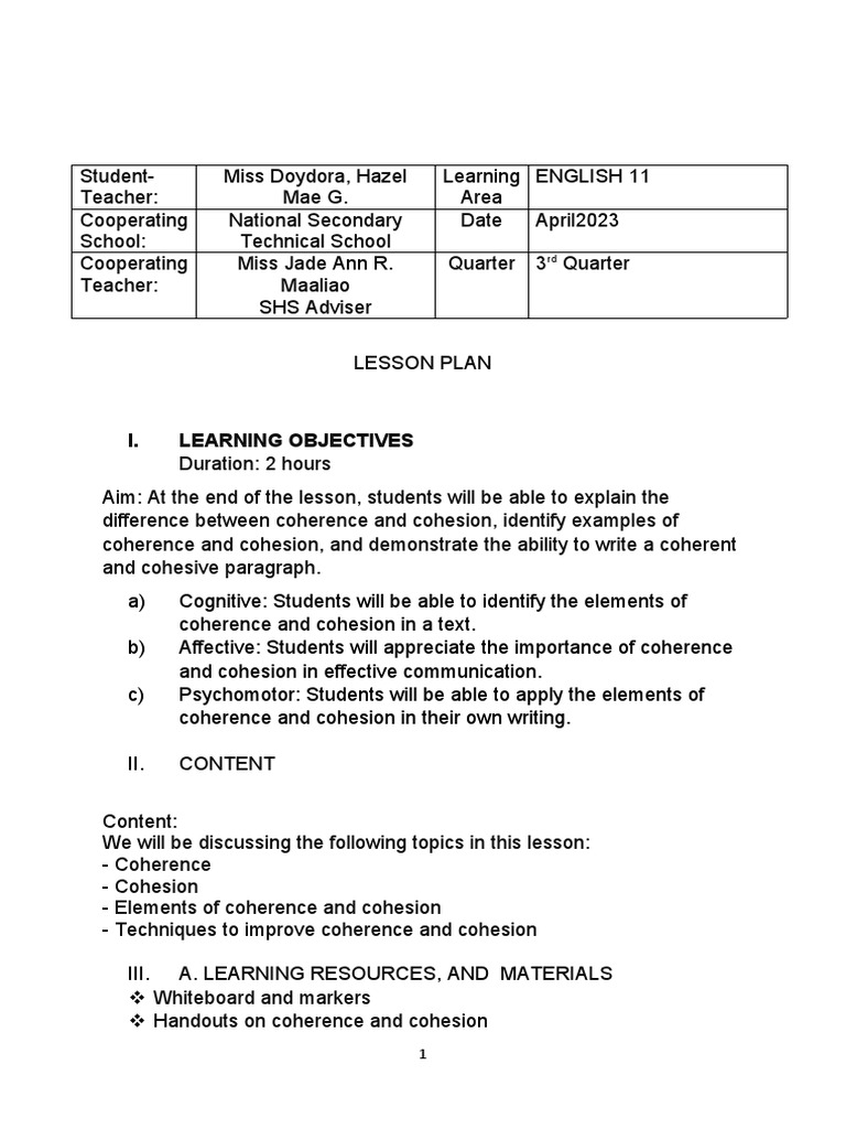 Coherence and Cohesion Lesson Plan | PDF | Teachers | Essays