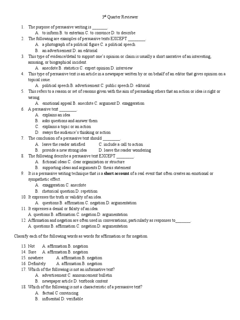 Persuasive Writing and Literary Analysis Quiz | PDF