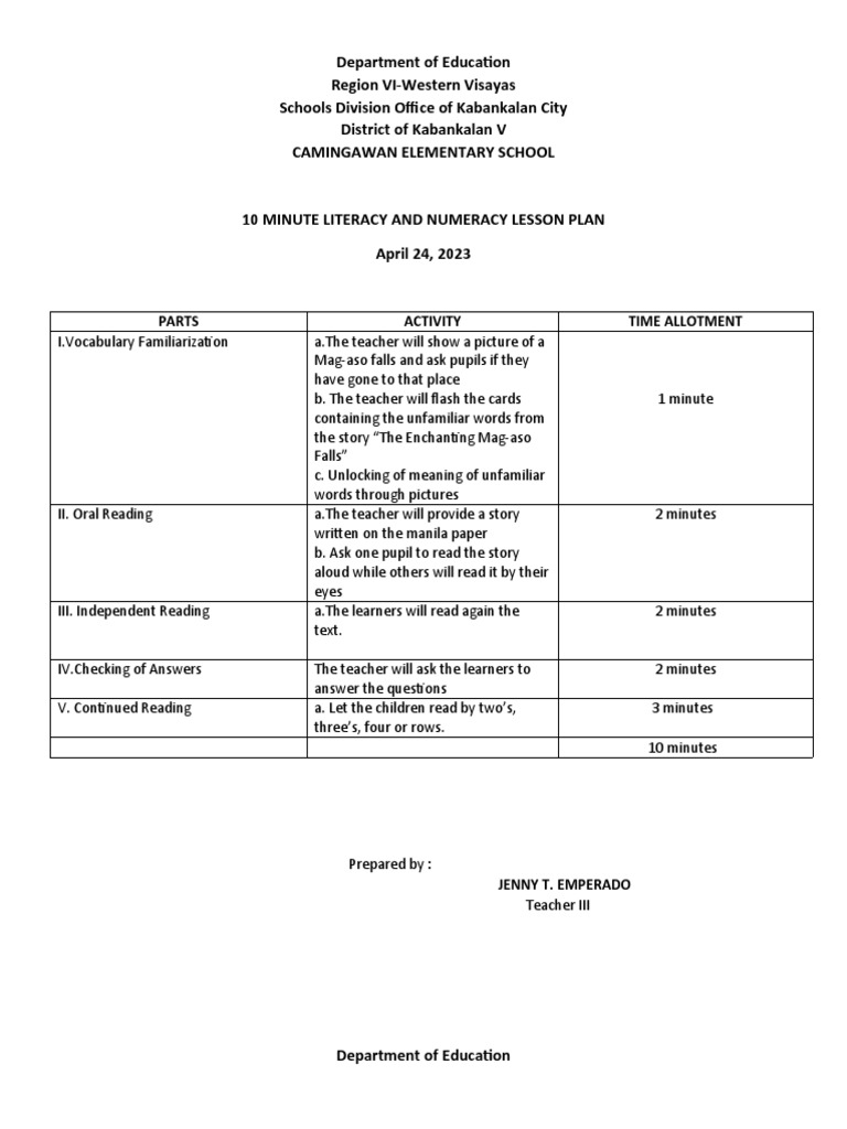 10 MINUTE LITERACY AND NUMERACY LESSON PLAN | PDF | Behavior ...