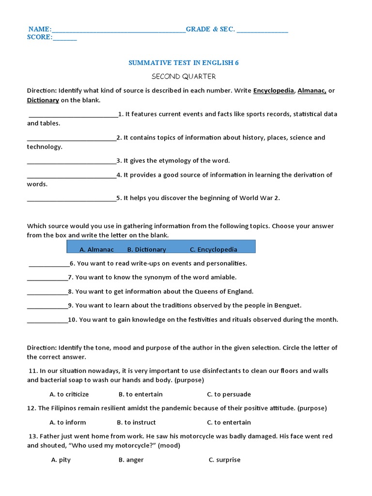 Summative Test in English 6 Quarter 2 | PDF