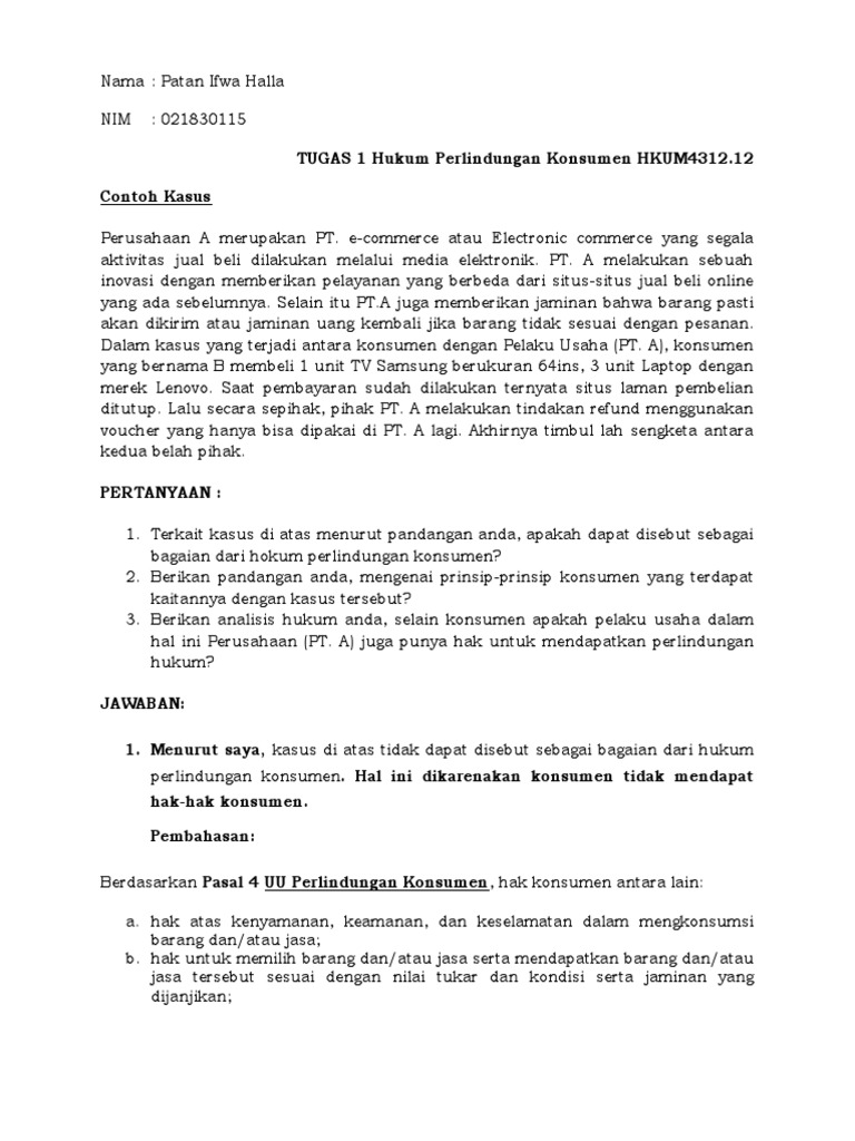 TUGAS 1 Hukum Perlindungan Konsumen HKUM4312.12 | PDF TUGAS 1 Hukum Perlindungan Konsumen HKUM4312.12 | PDF