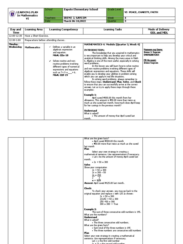 MATH 6 Learning Plan DAY1 DAY 2 | PDF