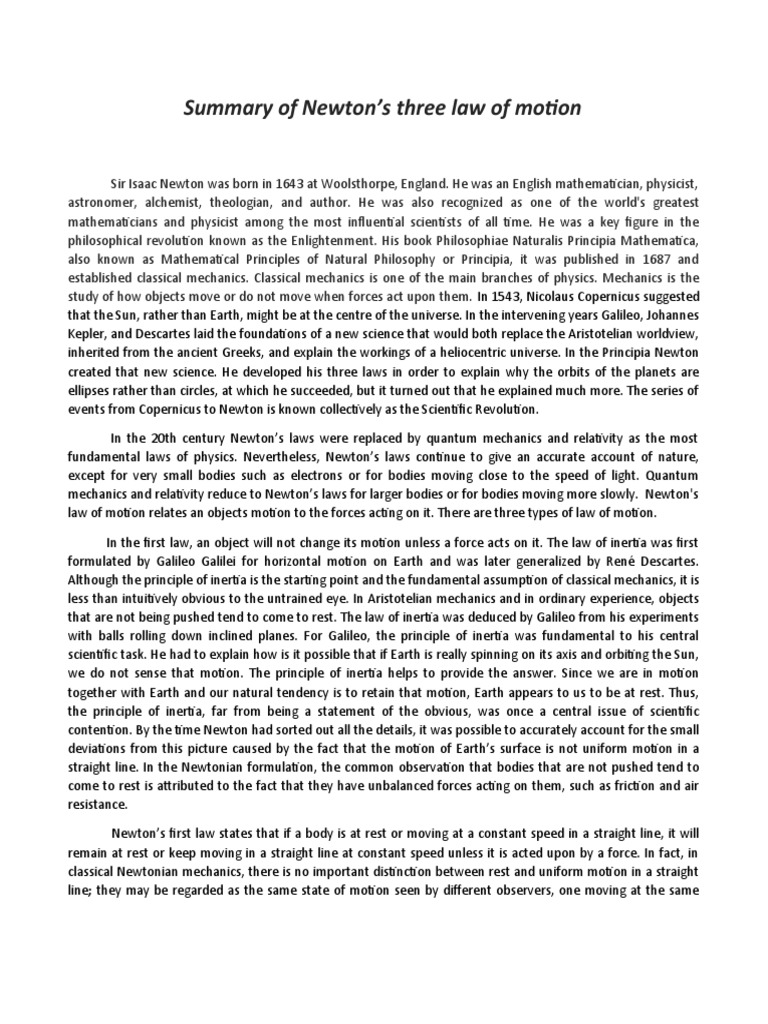 Summary of Newton's Law of Motion | PDF