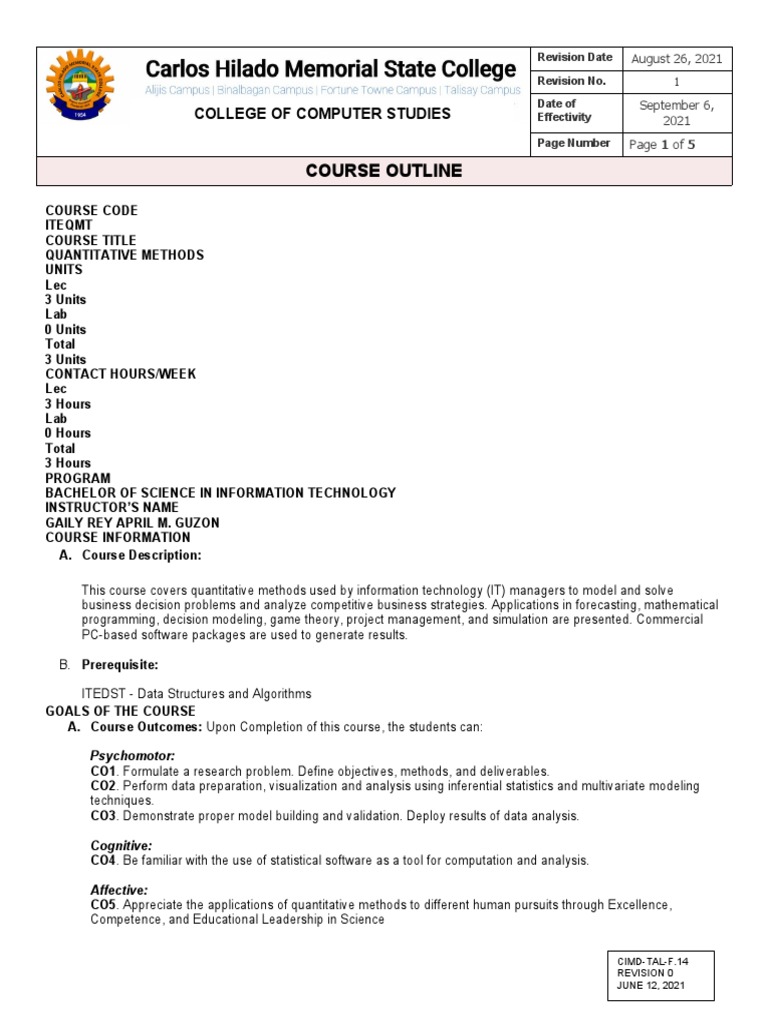 Quantitative Methods (ITEQMT) Course Outline | PDF