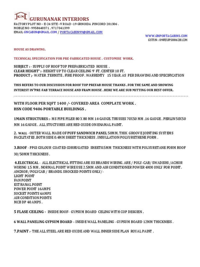 Prefabricated House Specification Document | PDF