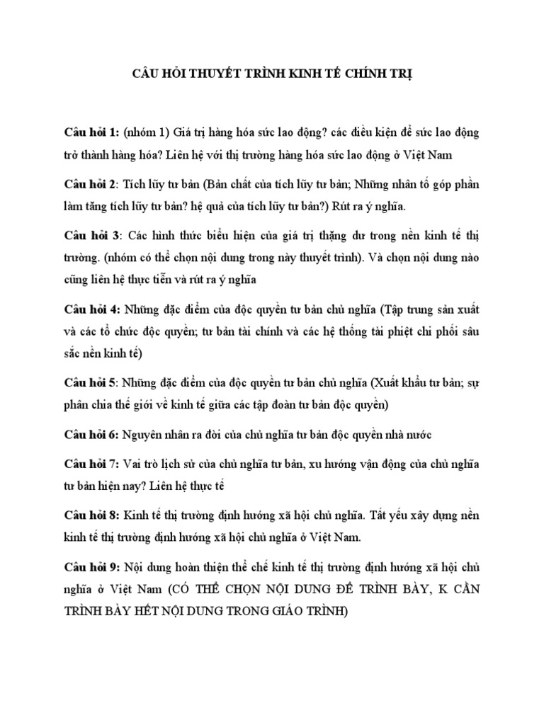 CÂU HỎI THUYẾT TRÌNH KTCT | PDF