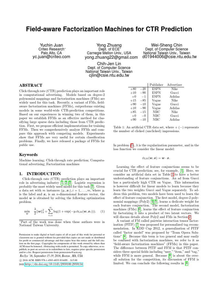 Ffm Field Aware Factorization Machines For Ctr Prediction Criteo 2016 Pdf Pdf Teaching