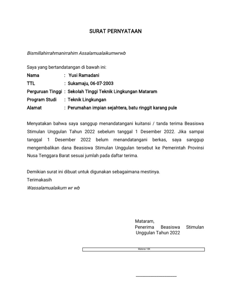 Surat Pernyataan Bsu - TTD - 2022 PDF | PDF