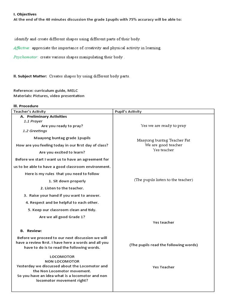 Body Shapes and Actions Lesson Plan | PDF