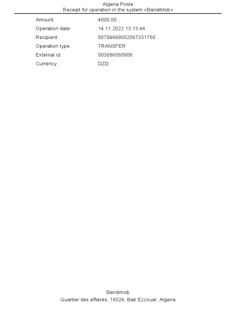 Algeria Poste receipt for BaridiMob transfer | PDF