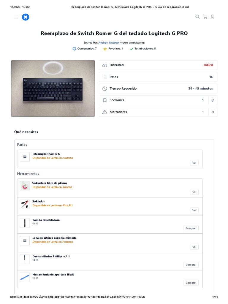 Reemplazo de Switch Romer G Del Teclado Logitech G PRO - Guía de ...