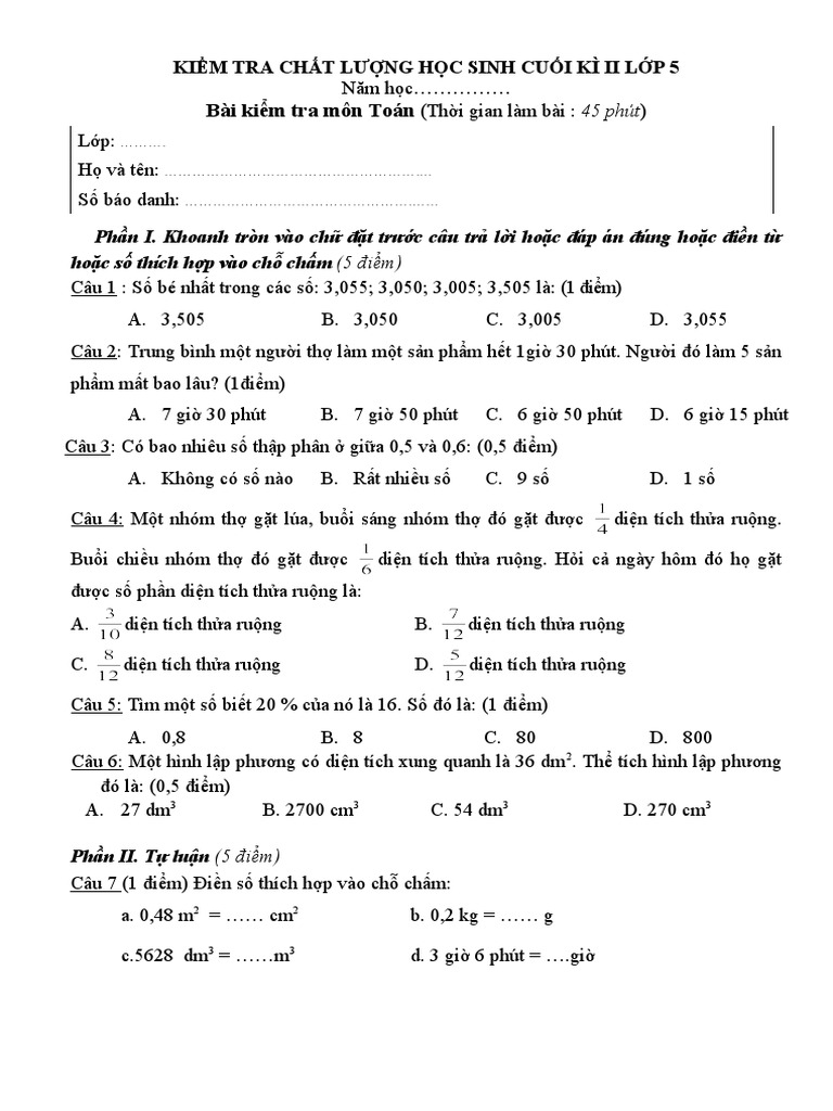 De Thi Cuoi Hoc Ki 2 Lop 5 Mon Toan de 1 | PDF