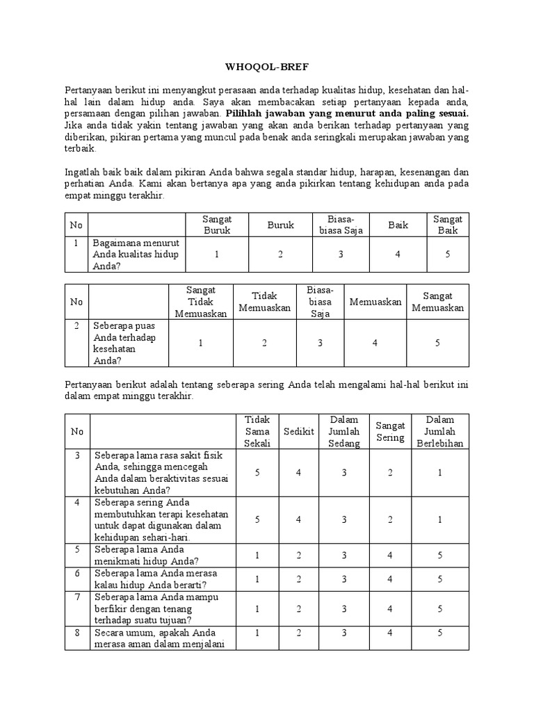 Alat Ukur WHOQOL BREF, RYFF's PWB Terjemah Bahasa Indonesia | PDF