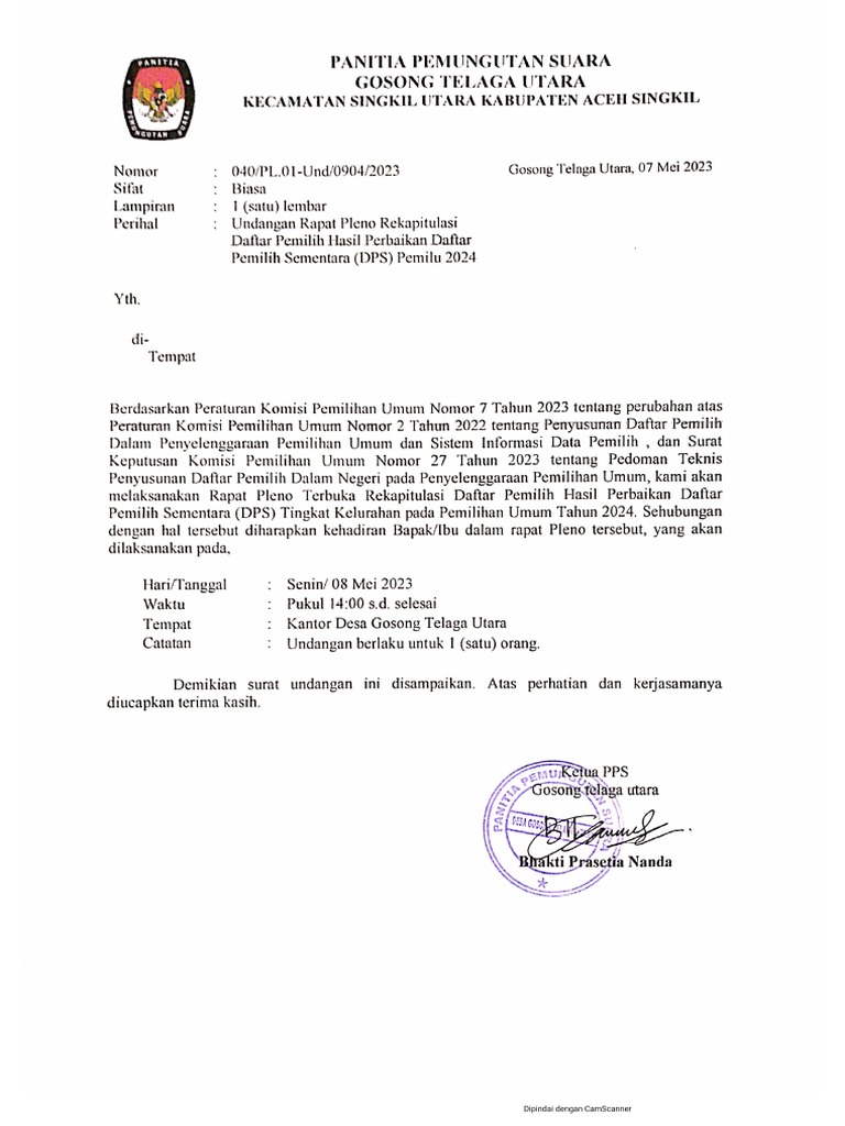 Undangan Rapat Pleno Rekapitulasi Daftar Pemilih Hasil Perbaikan DPS Pemilu 2024 PDF | PDF