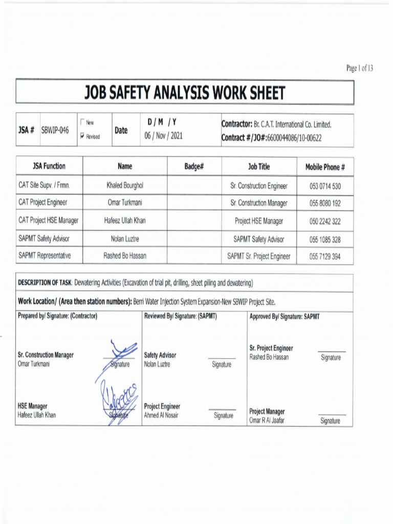 46-JSA-Dewatering Activities (Excavation of Trial Pit, Drilling, Sheet Piling and Dewatering ...