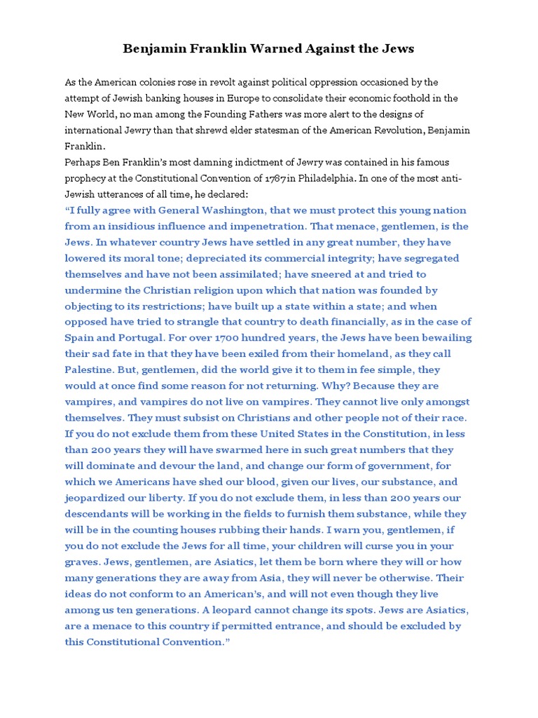 Benjamin Franklin Warned Against The Jews | PDF
