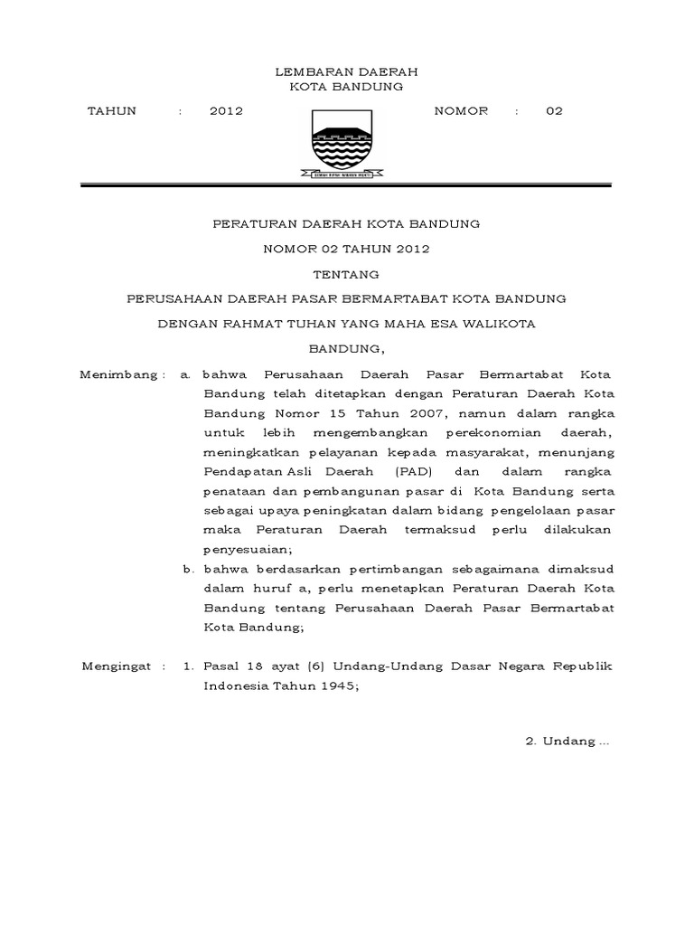 Perda No.2 Tahun 2012 PERUSAHAAN DAERAH PASAR BERMARTABAT KOTA BANDUNG ...