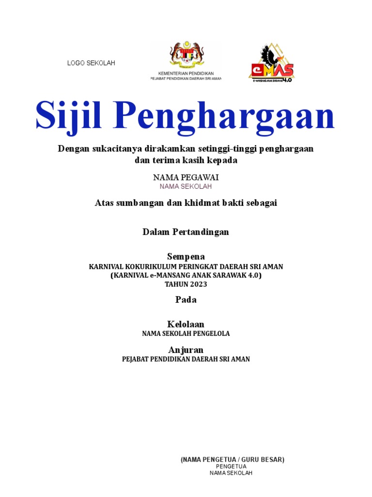 1 TEMPLATE SIJIL PENGHARGAAN eMAS 4 2023 | PDF