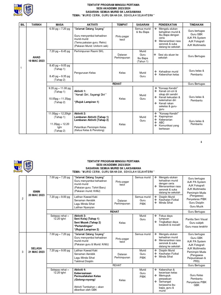 Program Minggu Pertama SKL 2023-2024 | PDF