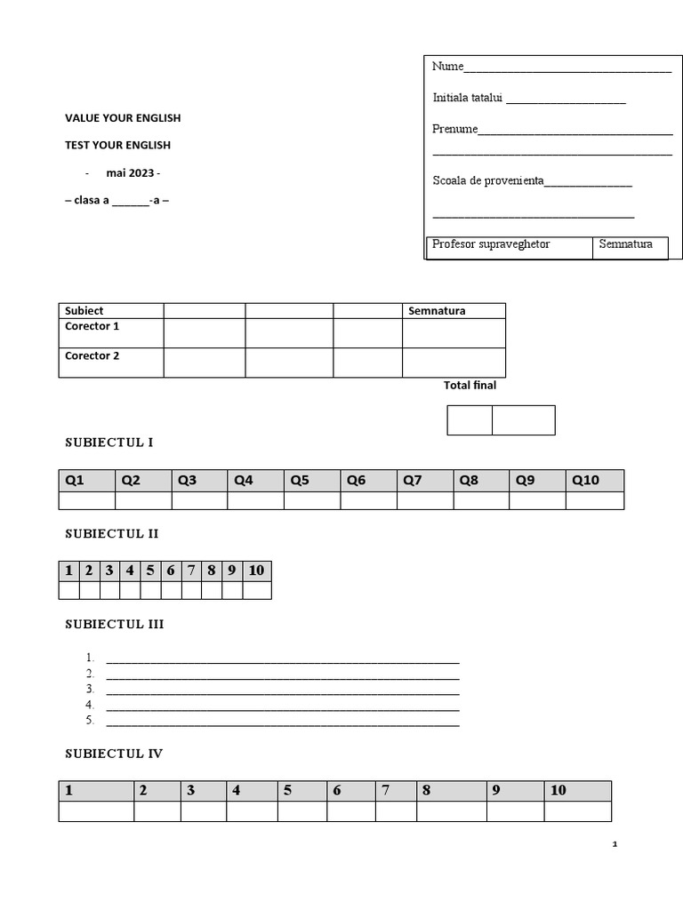Answer Sheet TEST YOUR ENGLISH BLANK | PDF