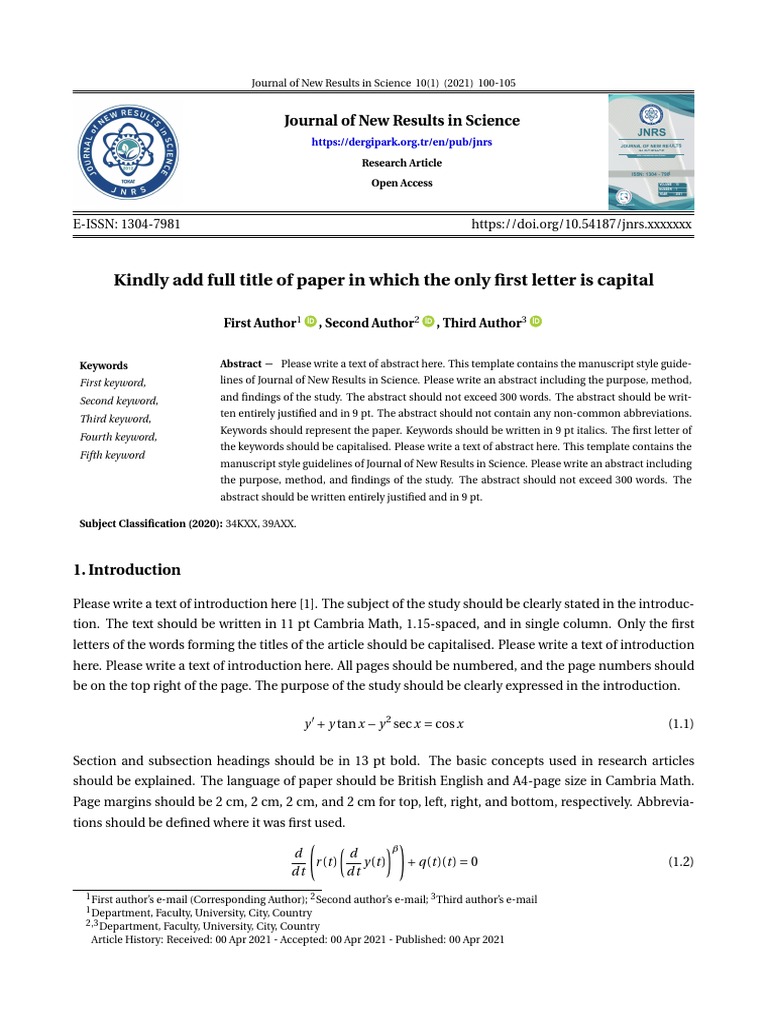 JNRS Template LaTeX PDF | PDF | Theorem | Differential Equations