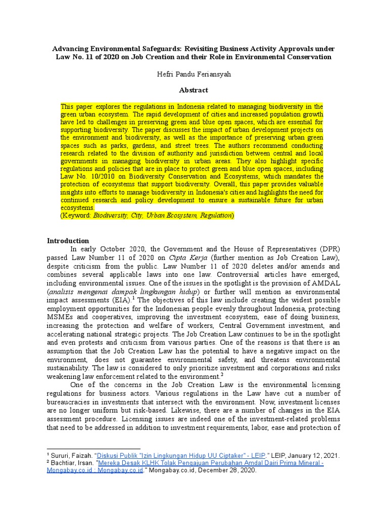 Environmental Licensing of Business Activities in Law No. 11 of 2020 On ...