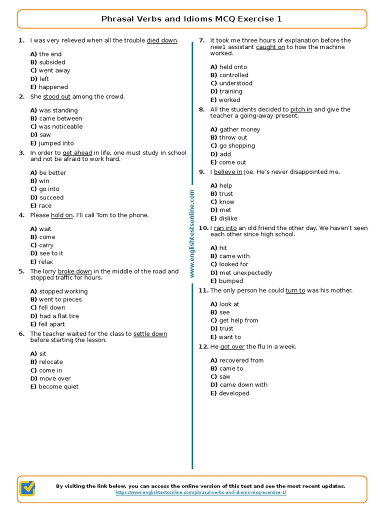 1893 - Phrasal Verbs and Idioms MCQ Exercise 1 PDF | PDF