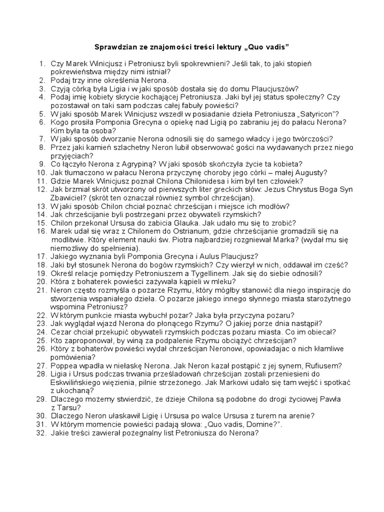 Sprawdzian Ze Znajomości Treści Lektury Quo Vadis | PDF