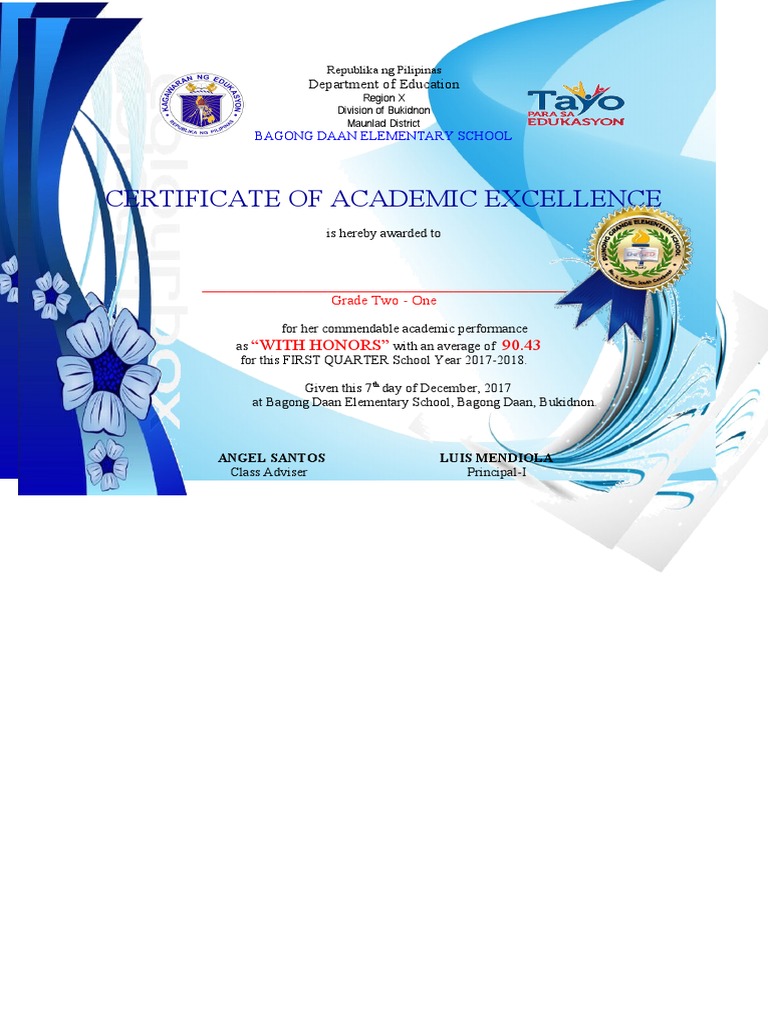 Certificate of Academic Excellence Template | PDF