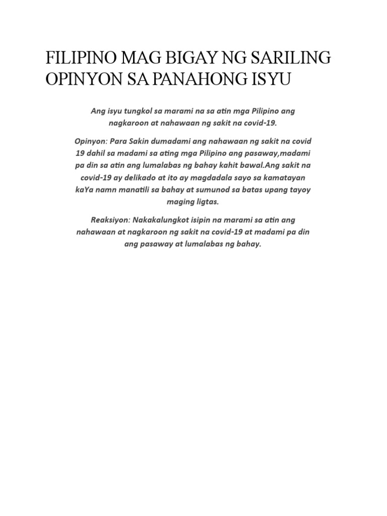 Filipino Mag Bigay NG Sariling Opinyon Sa Panahong Isyu | PDF