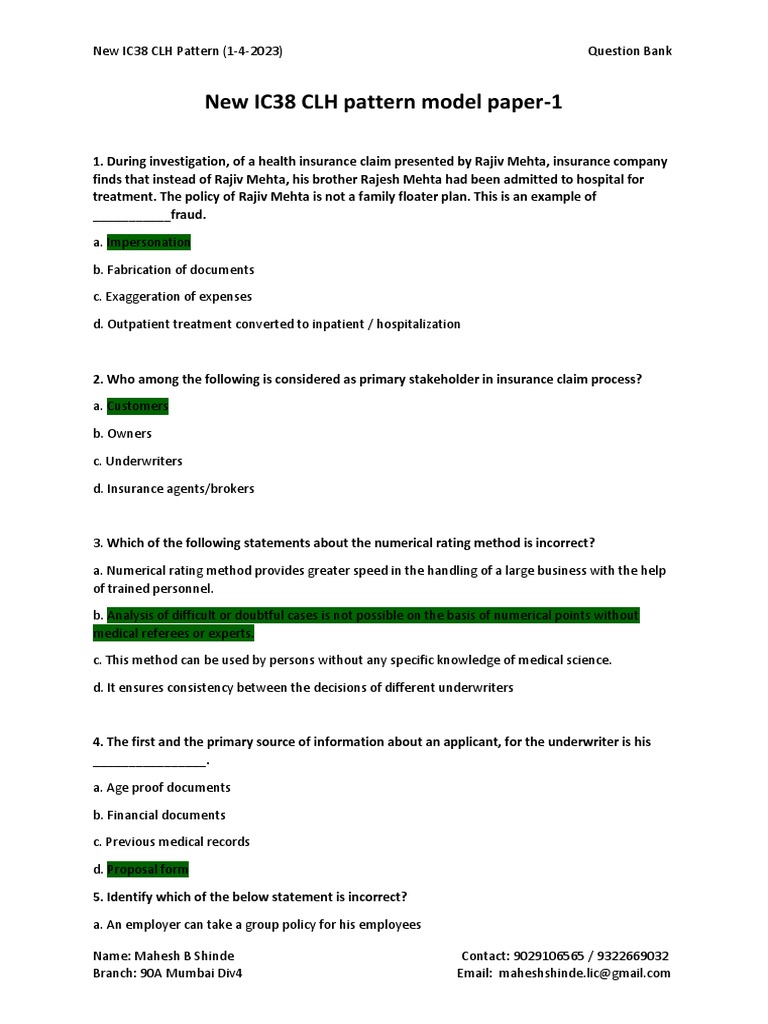 New IC38 CLH Pattern Model Paper-1 | PDF