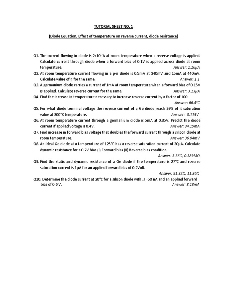 Diode Tutorial Sheet-1 PDF | PDF