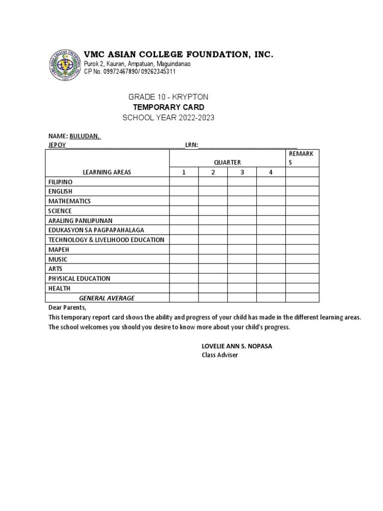 Grade 10 Krypton Report Card 2022-23 | PDF