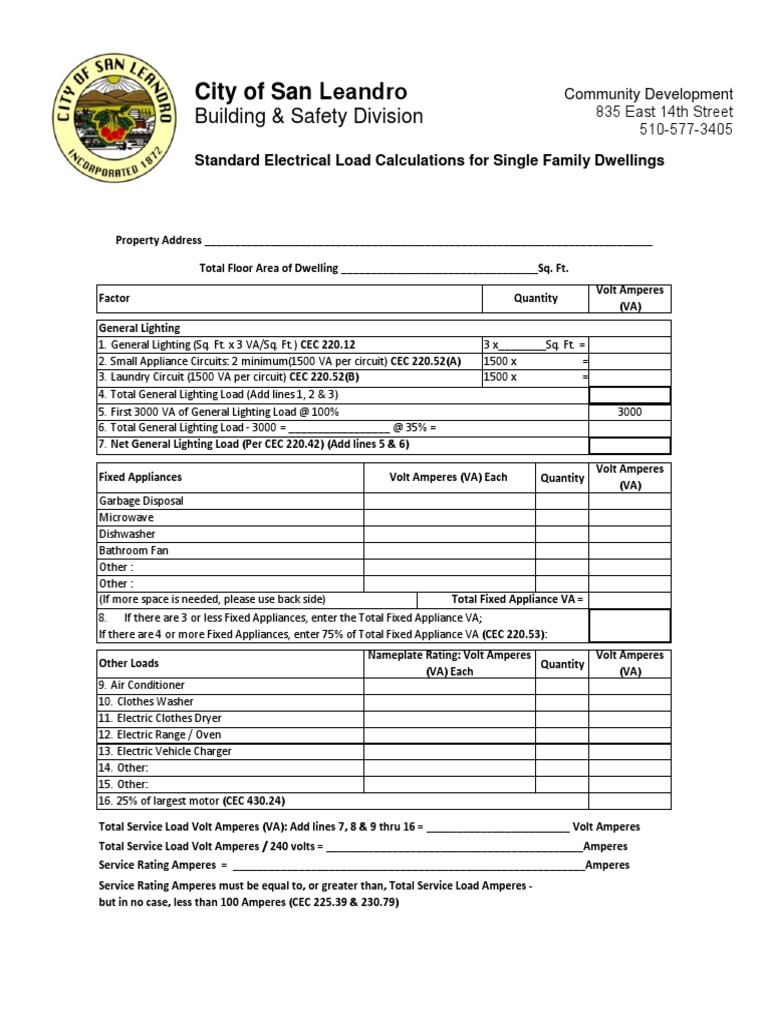 Electrical Load Calculation Form PDF | PDF