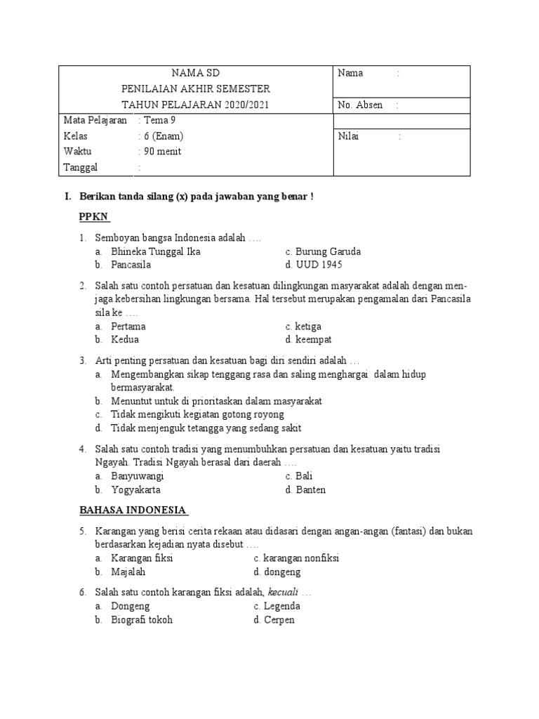 Soal Pas Kelas 6 Tema 9 | PDF | Perjalanan | Dewasa Muda