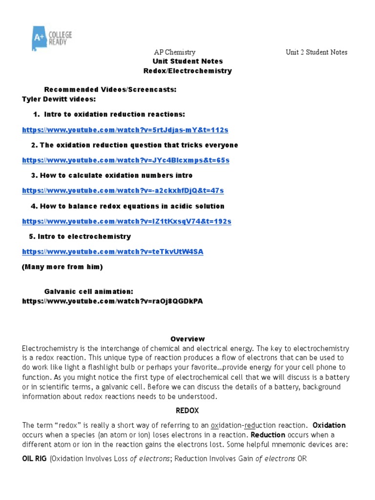 Unit 2 Redox and Electrochemistry Notes | PDF