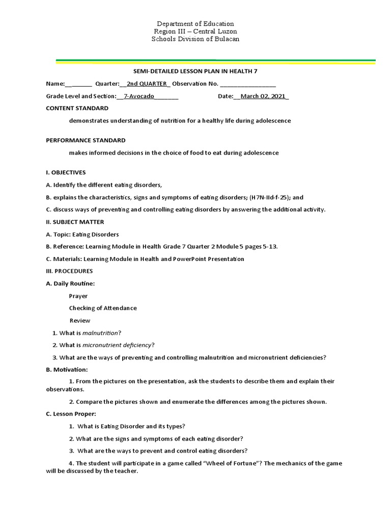 Semi-Detailed Lesson Plan in Health 7 (2nd Quarter) | PDF