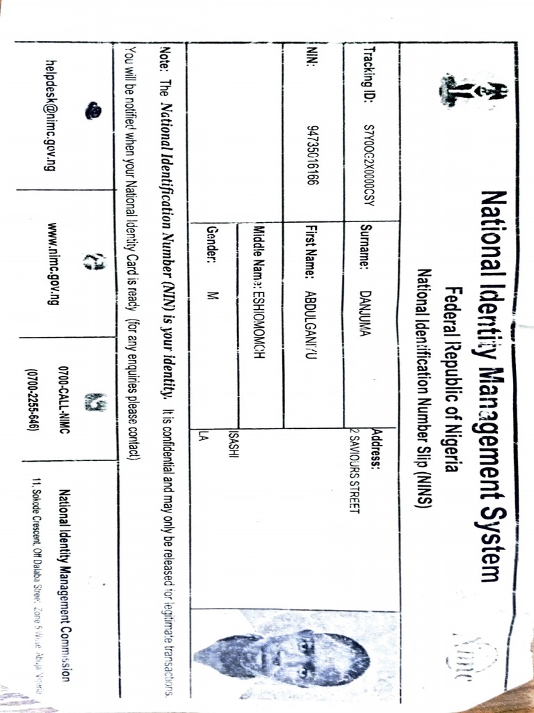 National Identity Management System National Identification Number Slip ...
