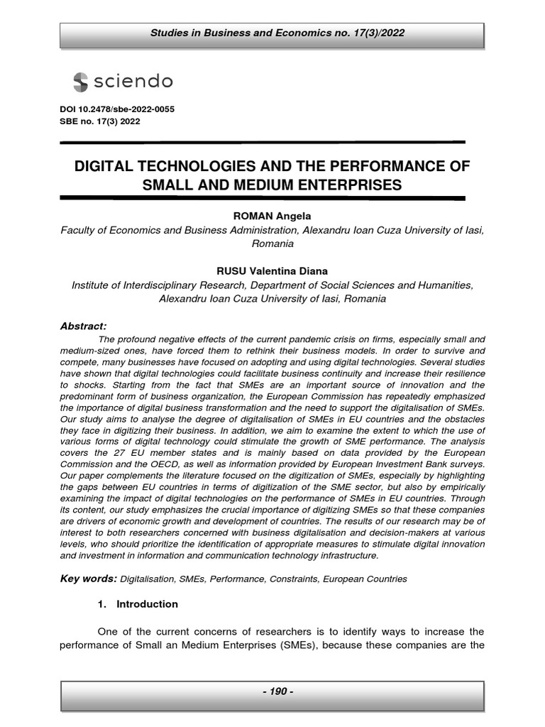 Digital Technologies and The Performance of Small and Medium EnterprisesStudies in Business and ...
