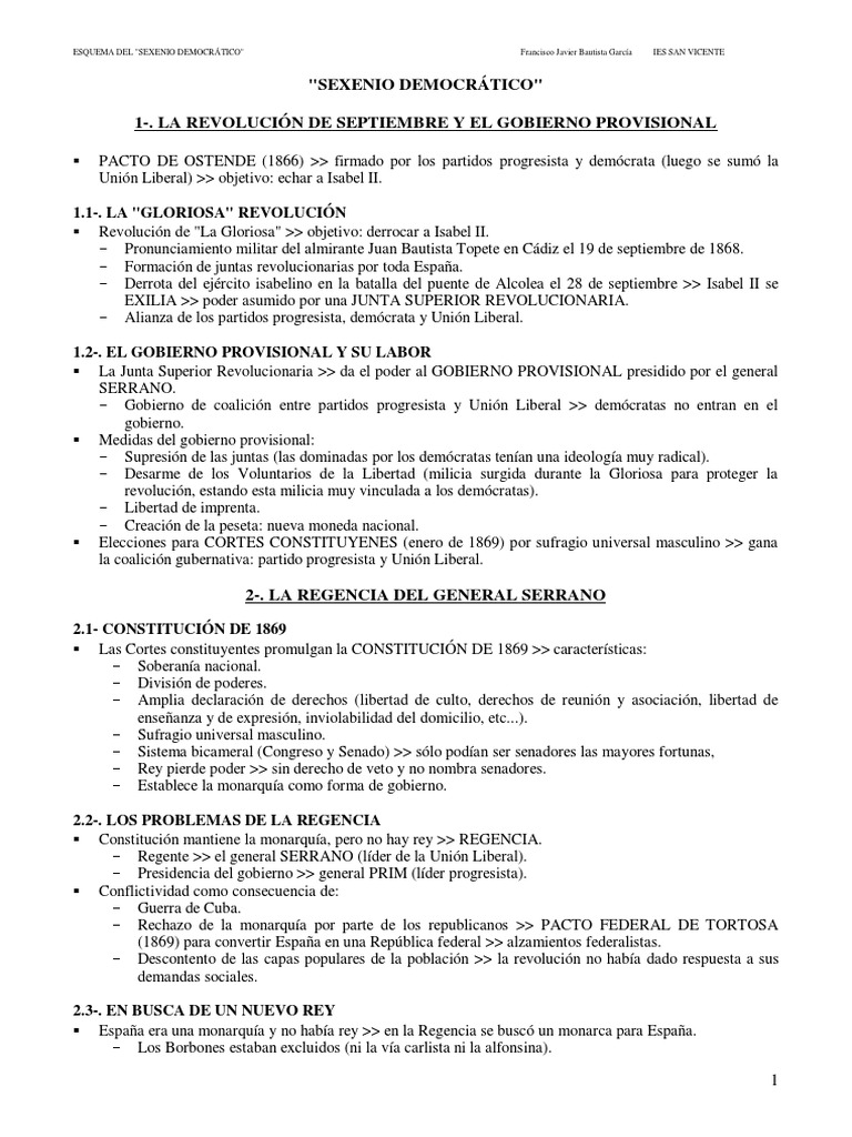 3 Esquema Del Sexenio Democrático PDF | PDF | Gobierno | Teorías políticas