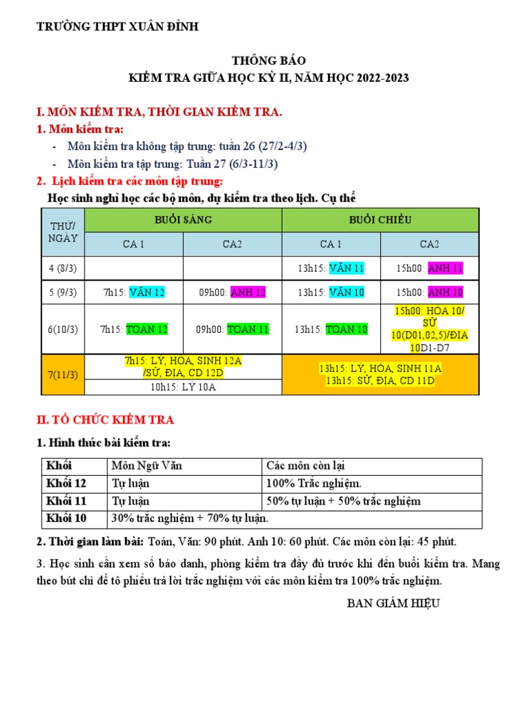 Lich Kiem Tra Giua Hoc Ky 2-2022-2023 | PDF
